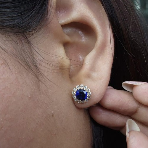 14Kt Gold Lab Grown Diamond & Blue Sapphire Halo Stud Earrings ...